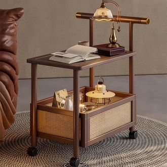 Generic K&uuml;chenwagen, zweist&ouml;ckiger Bambuswagen mit Armlehnen, mobiler Servierwagen mit 360&deg;-R&auml;dern, rustikaler brauner Beistelltisch f&uuml;r Wohnzimmer, B&uuml;ro und 