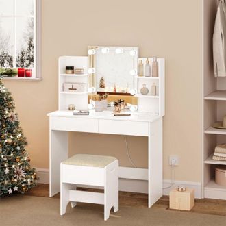Woltu Schminktisch, Frisiertisch mit LED-Beleuchtung, Steckdosen, Kosmetiktisch mit Spiegel, 2 Schubladen 4 Ablagen, Frisierkommode, 90x135x40 cm, Weiß