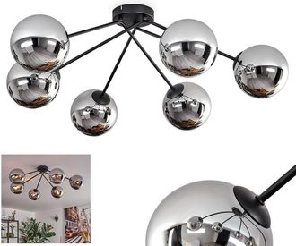 HOFSTEIN Deckenleuchte Gastor, Deckenlampe aus Metall/Glas in Schwarz/Chromfarben/Rauchfarben, Leuchte im modernen Retro/Vintage-Design mit Schirmen aus Glas (