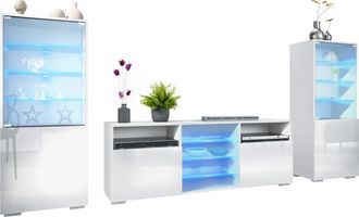 Vladon Wohnwand Granada, Anbauwand bestehend aus 2 Vitrinen und 1 TV-Board, Wei&szlig; matt/Wei&szlig; Hochglanz inkl. LED-Beleuchtung (286 x 122,5 x 35 cm)