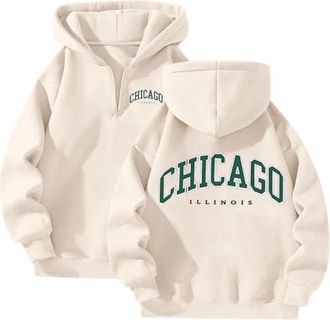 Generic Sweat &agrave; capuche de sport Chicago pour femme - Confortable - Fermeture &eacute;clair - Pull universitaire tendance d&eacute;contract&eacute; - Coupe ample - L&eacute;ger - Amusant