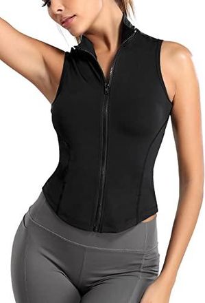 Feoya Débardeur de Sport pour Femme Top Yoga sans Manche Débardeur Moulant Élastique Débardeur de Fitness Gym Course à Pied Gilet Zippé Été Col Montant Coul