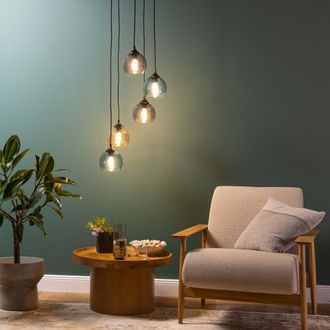 Lightbox 5 flammige H&auml;ngelampe - h&ouml;henverstellbare Pendelleuchte mit mehrfarbigen Glas-Schirmen - dimmbar - 150 cm H&ouml;he & 50 cm Durchmesser - 5 x E14 Fassung -