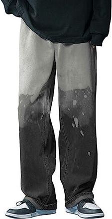 Generic Jean baggy pour homme - Noir - Large - Jean &eacute;vas&eacute; classique stretch - Coupe droite - Avec d&eacute;grad&eacute; de couleur - Hip Hop Streetwear - L&eacute;ger - Pour l&eacute;t&eacute; 