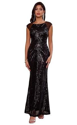 Angel Fashions Angel Fashion Robe de soir&eacute;e &agrave; paillettes dor&eacute;es pour femme, Noir, 46