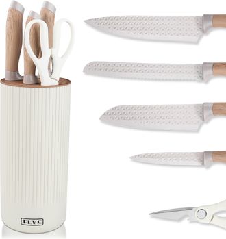 Plys Messerblock mit Messer Scharf Messerset: 6-Teiliges Knife Set Inkl. 3 Küchenmesser, 1 Brotmesser, 1 Schere und Universal-Messerblock, Multi Küchenset,