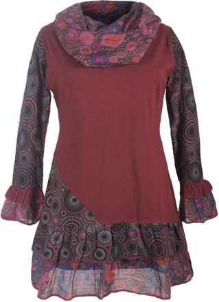 vishes Alternative Bekleidung - Damen Langarm Mandala R&uuml;schen-Kleid mit Kapuzenschal dunkelrot 36-38