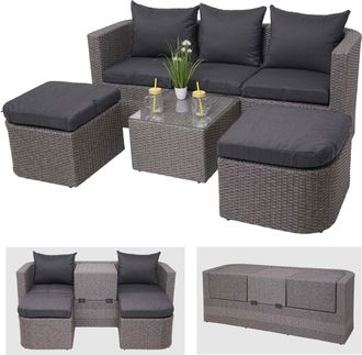 Mendler 3in1-Garnitur HWC-J37, Garten-/Lounge-Set Sonneninsel, Spun Poly Poly-Rattan MVG - grau, Kissen anthrazit