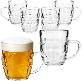 MamboCat 6er Set Dijon Bierkrug I 200ml, H&ouml;he 9,3cm I f&uuml;r 6 Personen I Bierhumpen aus Glas mit Schild, Relief & Henkel I Biergl&auml;ser 0,2L I Bierseidel f&uuml;r Party