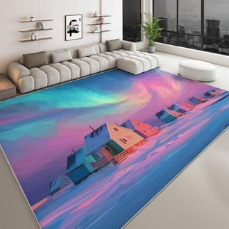 Generic Tapis Lavable &agrave; Poils Courts, Tapis Antid&eacute;rapant Doux Abstrait Moderne Aurores Bor&eacute;ales G&eacute;om&eacute;trique pour Salon Salle &agrave; Manger Chambre &agrave; Coucher et Bur