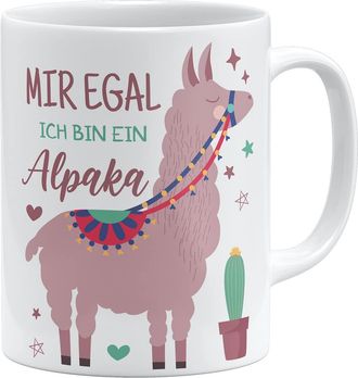 OM3 Mir egal ich Bin EIN Alpaka Tasse mit Spruch Motiv Lama - Keramik Becher - 11oz 325ml - Beidseitig Bedruckt - Weiss