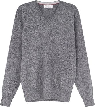 Brunello Cucinelli V-Ausschnitt Pullover aus reinem Kaschmir mit Rippb&uuml;ndchen - - Knitwear - Herren - Grau - M