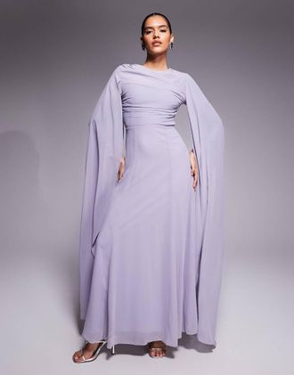 Beauut Maxikleid aus Chiffon in Flieder mit Cape und Wickeldesign vorne-Lila