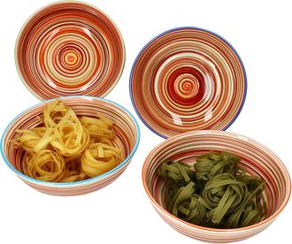 MamboCat 4er Set Linea Spaghetti-Bowl tief I Ø 22,5 cm I 1,25L I mediterrane gestreifte Pasta-Teller mit 4 farbigen Rändern für 4 Personen I Steingut-Geschirr,
