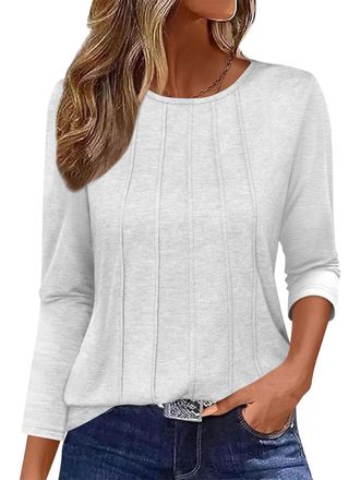 Onsoyours Shirt Damen 3/4 Arm Rundhals Mit Falten Tshirt Leichte Pullover Sommer Herbst Oberteile Casual Basic T-Shirts A Wei&szlig; XXL