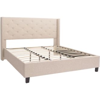 Hhg [NEUWERTIG] Polsterbett HHG-244, Bett Doppelbett Bettgestell mit Lattenrost, Massivholz Stoff/Textil 180x200cm creme-beige