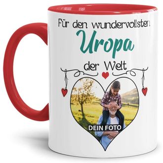 Tassendruck Tasse mit Spruch - Wundervollster Uropa der Welt - personalisiert mit Wunschfoto - Geschenkidee f&uuml;r den besten Uropa - Innen & Henkel Rot, 300 ml