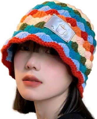 Generic Bonnet dhiver pour femme, chapeau de p&ecirc;cheur au crochet - Bonnet dhiver avec bonnet au crochet r&eacute;tro - Bonnet chaud tricot&eacute; color&eacute;, bonnet dhiver fabr