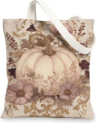 Generic Sacs fourre-tout élégants en toile motif floral citrouille, sacs dépicerie réutilisables, légers et lavables, Beige, 13x15 Inch
