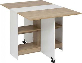 PEGANE Table &agrave; manger pliante multifonctions avec roulettes et &eacute;tag&egrave;res de rangement, coloris ch&ecirc;ne/blanc - Longueur 120,5 x Profondeur 80 x Hauteur 75 cm