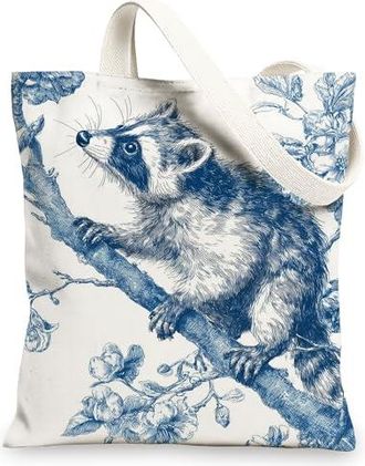 Generic Sacs fourre-tout réutilisables en toile avec motif raton laveur, imprimé animal sauvage, vintage, nature, léger, lavable avec bandoulière f, bleu, 13x