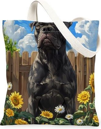 Generic Spring Cane Corso Sac fourre-tout en toile r&eacute;utilisable pour faire du shopping 33 x 38,1 cm, motif cl&ocirc;ture de tournesol, chiot - Sac d&eacute;picerie r&eacute;utili
