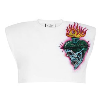 Philipp Plein Femme, Tops, Blanc, Taille: 38 FR Shoulder Pads Cropped Top Love Tattoo