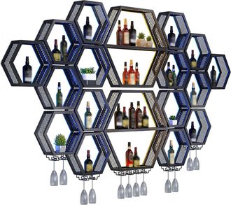 Generic Spirituosenregal aus Eisen mit LED-Licht, sechseckiges Barregal für Spirituosenflaschen, Barregale für Spirituosenflaschen, Wandweinregal für Küche, B
