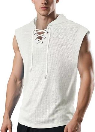 Generic DENGJIAMY Sweat &agrave; capuche sans manches pour homme uni &agrave; lacets et col en V T-shirt athl&eacute;tique d&eacute;t&eacute; tendance chemises d&eacute;contract&eacute;es pour homme, blanc, 