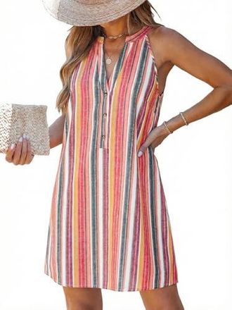 Cupshe Robe d&eacute;t&eacute; sans manches avec col en V et boutons ray&eacute;s pour femme, Rayures orange, Taille XL