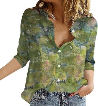 Generic Chemise Lin Femme, Chemisier Coton Et Lin pour Femme, Manches 3/4 Tops Col en V Bouton Imprimé, Tunique Blouse Grande Taille Pas Cher pour Femmes