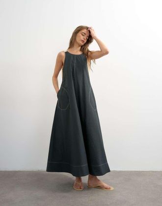Topshop Maxi-Sommerkleid in Schwarz mit R&uuml;ckenausschnitt, Schnallentr&auml;gern und Kontrastnaht