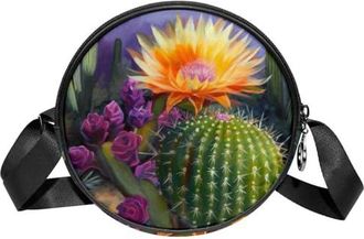 Generic Petit sac &agrave; bandouli&egrave;re rond pour femme, motif fleurs de cactus avec fermeture &eacute;clair, bretelles r&eacute;glables, sac &agrave; main rond d&eacute;contract&eacute; pour femmes et
