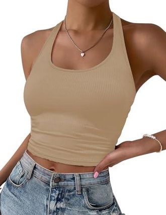 Ekouaer Debardeur Femme Crop Top Chic Et Élégant Ete Mode Dos Nu Sport Top Femme Côtelé Tricoté Debardeur, Kaki, XXL