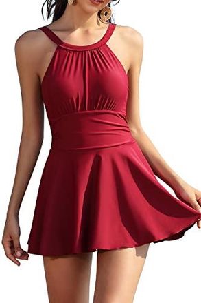 SHEKINI Femme Maillot de Bain Une Pièce Élégant Col Haut Robe De Natation Ruché avec Glissement Intérieur Chemin du Ventre Maillot De Bain Plissé Grande Taill