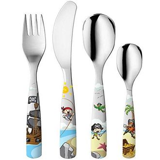 Gnali & Zani Piraten Kinder Besteck Set 4-teilig | je 1x Messer, Gabel, Ess- und Teel&ouml;ffel | Rostfreier Edelstahl | Sp&uuml;lmaschinenfest | Kinderbesteck ab 3 Jahre in