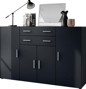 Vladon Highboard Aron Anrichte mit 2 Schubladen und 4 T&uuml;ren mit insgesamt 8 F&auml;cher dahinter, Anthrazit matt/Schwarz matt (166,5 x 106,5 x 35 cm)