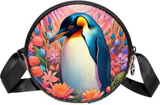 Generic Sac &agrave; bandouli&egrave;re rond pour femme, motif pingouin &agrave; dessin color&eacute;, petit sac &agrave; dos &agrave; bandouli&egrave;re avec fermeture &eacute;clair, bretelles r&eacute;glables, sac &agrave; mai