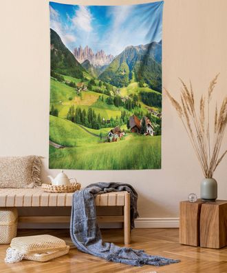 Abakuhaus Berg Wandteppich, Alpen im Frühling, Wohnzimmer Schlafzimmer Heim Seidiges Satin Wandteppich, 150 x 200 cm, Grün Blau