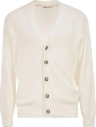 Brunello Cucinelli Homme, Pulls, Blanc, Taille: 2XL V-Neck Button-Front Cardigan