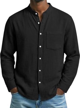 Generic Chemises en lin pour homme col grand-p&egrave;re manches longues col &agrave; bandes chemises en lin avec poche poitrine d&eacute;contract&eacute;e unie intelligente chemise de p