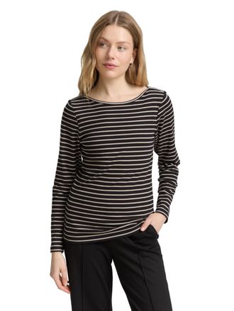 Tom Tailor Damen 1047730 Langarmshirt mit Streifenmuster, 38583-Black Taupe Tee Stripe, S
