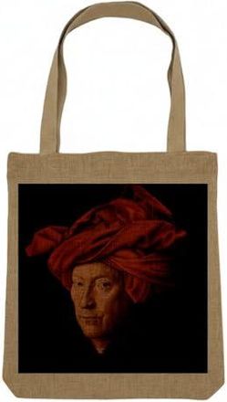 Fabulous Sac Shopping Tote Bag Aspect Lin - Peinture de Van Eyck Homme au Turban Rouge Artiste Art - Sac de Courses Toile Epaisse 360g Beige Naturel Cabas Port