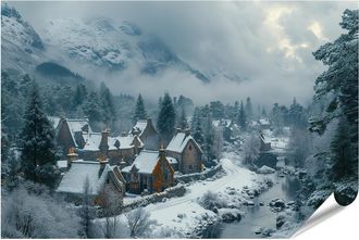 Islandburner Poster Schöne Winterlandschaft mit verschneiten Häusern in einem schottischen Dorf - Poster 90x60cm