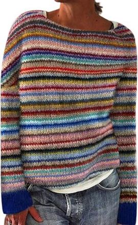 Generic Pull Femme Col Rond Tricot&eacute; Pull Manches Longues Sweat L&eacute;ger Bloc de Couleurs Ray&eacute; Haut Chic et Elegant Automne Hiver 2025,Bleu,L,f07r