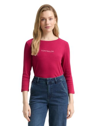 Tom Tailor Damen 1048941 Slim Fit Langarmshirt mit Glitzer-Logo, 38999-Dark Pink, M