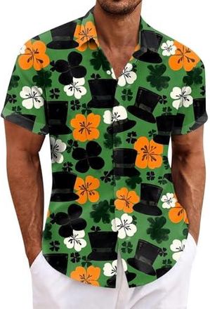 Generic Chemise de la St Patrick pour homme, t-shirt hawa&iuml;en irlandais avec tr&egrave;fle porte-bonheur, chemisier &agrave; boutons &agrave; manches courtes, haut ample d&eacute;contract