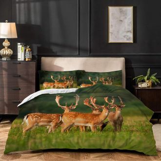 Generic Bettwäsche 140x200 cm Hirsch 3 Teilig Bettbezug 140 x 200 Graslandschaften Bettwäsche-Sets 3D Weiche Mikrofaser Bettbezug Set mit Reißverschluss + 2 K