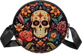 Generic Petit sac &agrave; bandouli&egrave;re circulaire pour femme, motif cr&acirc;nes, petit sac &agrave; dos &agrave; bandouli&egrave;re avec fermeture &eacute;clair, bretelles r&eacute;glables, sac &agrave; main rond