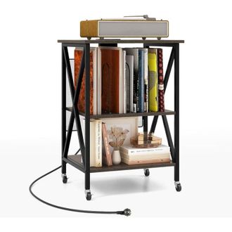 Costway Meuble Tourne-Disque Vinyle avec Prise, Table dAppoint &agrave; Roulette avec Station de Charge, 2 Prises, 2 USB, 1 Type-C, Bout de Canap&eacute;, Support
